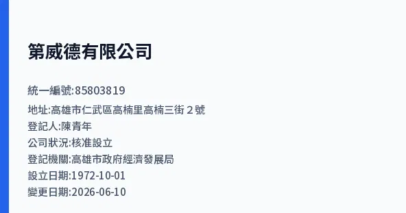 第威德有限公司的照片-統編 85803819(高雄市) 公司登記資料與營業項目詳細圖表