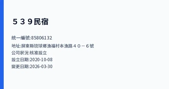 539民宿的照片-統編 85806132(屏東縣) 公司登記資料與營業項目詳細圖表