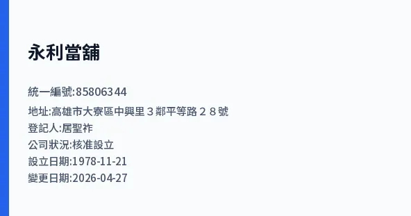 永利當舖的照片-統編 85806344(高雄市) 公司登記資料與營業項目詳細圖表