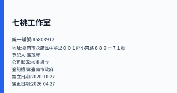 七桃工作室的照片-統編 85808912(臺南市) 公司登記資料與營業項目詳細圖表