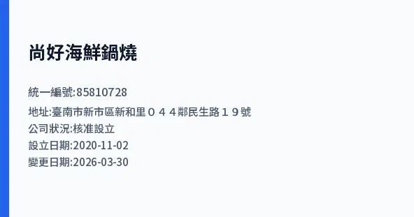尚好海鮮鍋燒的照片-統編 85810728(臺南市) 公司登記資料與營業項目詳細圖表