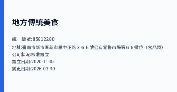 地方傳統美食的照片-統編 85812280(臺南市) 公司登記資料與營業項目詳細圖表