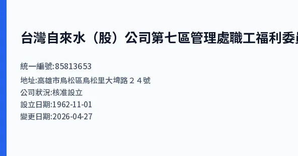台灣自來水(股)公司第七區管理處職工福利委員會冷飲部的照片-統編 85813653(高雄市) 公司登記資料與營業項目詳細圖表