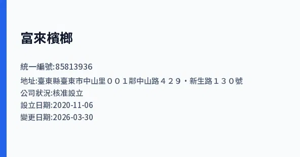 富來檳榔的照片-統編 85813936(臺東縣) 公司登記資料與營業項目詳細圖表