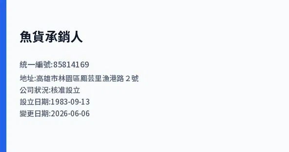 魚貨承銷人的照片-統編 85814169(高雄市) 公司登記資料與營業項目詳細圖表