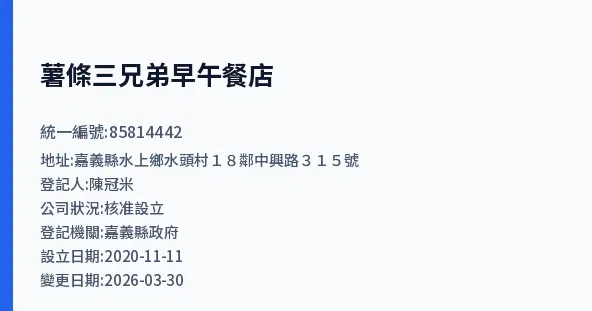 薯條三兄弟早午餐店的照片-統編 85814442(嘉義縣) 公司登記資料與營業項目詳細圖表
