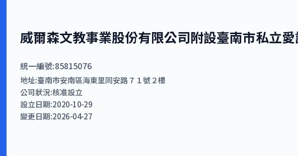威爾森文教事業股份有限公司附設臺南市私立愛譜樂斯文理短期補習班的照片-統編 85815076(臺南市) 公司登記資料與營業項目詳細圖表
