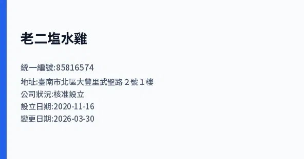 老二塩水雞的照片-統編 85816574(臺南市) 公司登記資料與營業項目詳細圖表