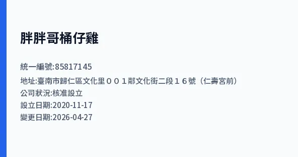 胖胖哥桶仔雞的照片-統編 85817145(臺南市) 公司登記資料與營業項目詳細圖表
