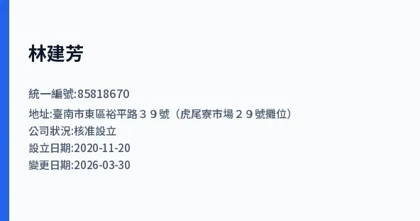 林建芳的照片-統編 85818670(臺南市) 公司登記資料與營業項目詳細圖表