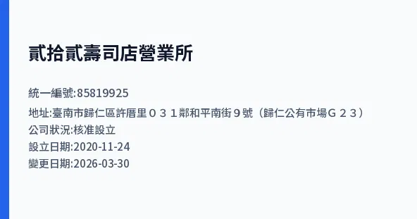 貳拾貳壽司店營業所的照片-統編 85819925(臺南市) 公司登記資料與營業項目詳細圖表