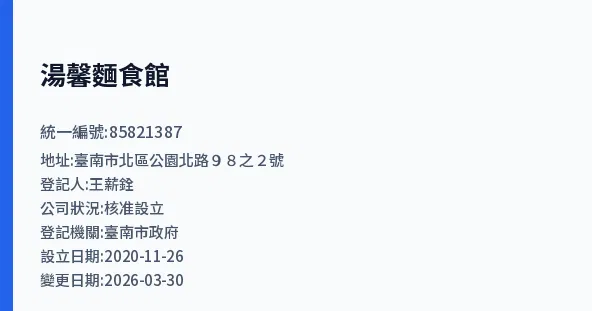 湯馨麵食館的照片-統編 85821387(臺南市) 公司登記資料與營業項目詳細圖表