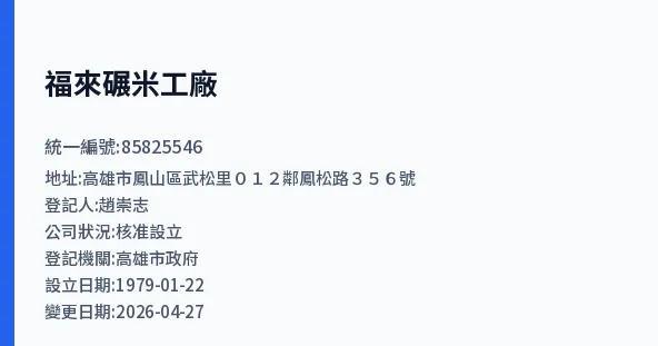福來碾米工廠的照片-統編 85825546(高雄市) 公司登記資料與營業項目詳細圖表