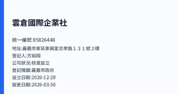 雲倉國際企業社的照片-統編 85826448(嘉義市) 公司登記資料與營業項目詳細圖表