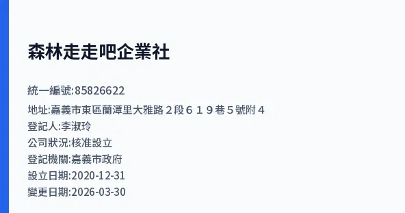 森林走走吧企業社的照片-統編 85826622(嘉義市) 公司登記資料與營業項目詳細圖表