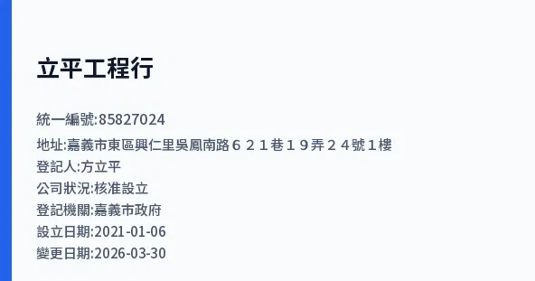 立平工程行的照片-統編 85827024(嘉義市) 公司登記資料與營業項目詳細圖表