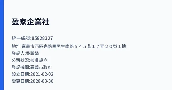 盈家企業社的照片-統編 85828327(嘉義市) 公司登記資料與營業項目詳細圖表