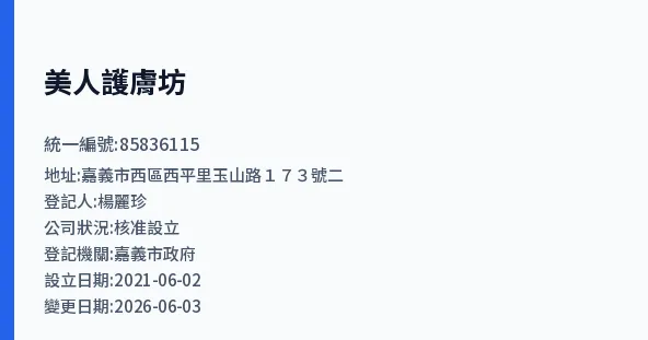 美人護膚坊的照片-統編 85836115(嘉義市) 公司登記資料與營業項目詳細圖表