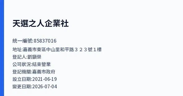 天選之人企業社的照片-統編 85837016(嘉義市) 公司登記資料與營業項目詳細圖表
