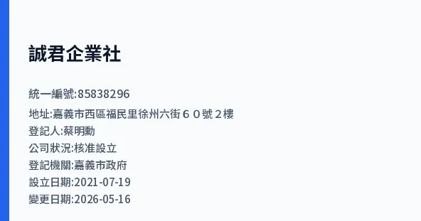 誠君企業社的照片-統編 85838296(嘉義市) 公司登記資料與營業項目詳細圖表