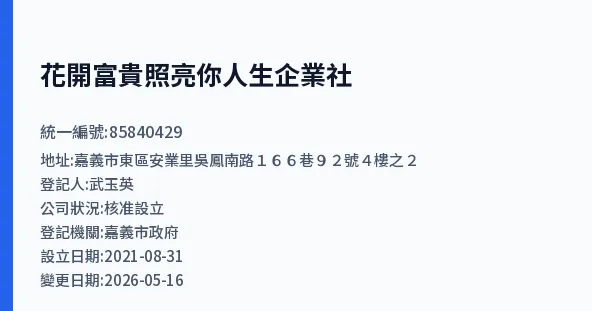 花開富貴照亮你人生企業社的照片-統編 85840429(嘉義市) 公司登記資料與營業項目詳細圖表