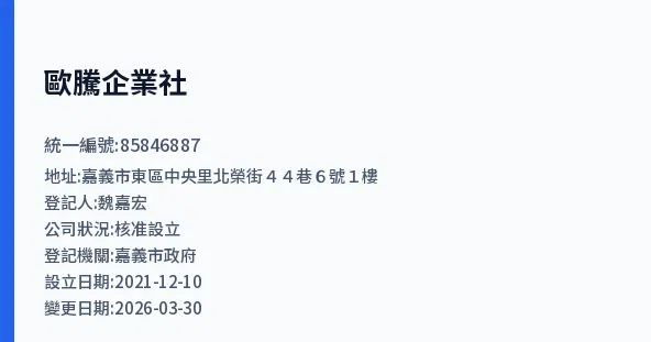 歐騰企業社的照片-統編 85846887(嘉義市) 公司登記資料與營業項目詳細圖表