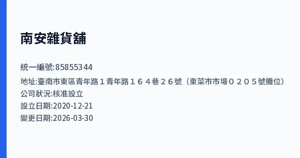 南安雜貨舖的照片-統編 85855344(臺南市) 公司登記資料與營業項目詳細圖表