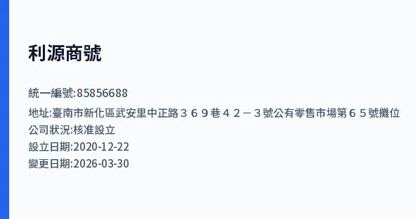 利源商號的照片-統編 85856688(臺南市) 公司登記資料與營業項目詳細圖表