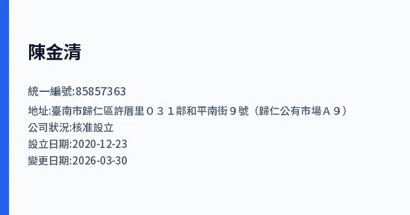 陳金清的照片-統編 85857363(臺南市) 公司登記資料與營業項目詳細圖表