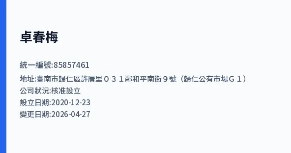 卓春梅的照片-統編 85857461(臺南市) 公司登記資料與營業項目詳細圖表