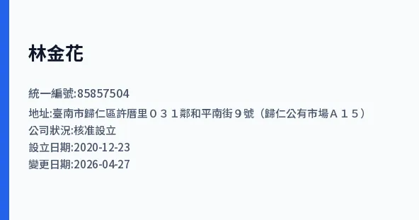 林金花的照片-統編 85857504(臺南市) 公司登記資料與營業項目詳細圖表