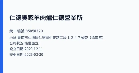 仁德吳家羊肉爐仁德營業所的照片-統編 85858320(臺南市) 公司登記資料與營業項目詳細圖表