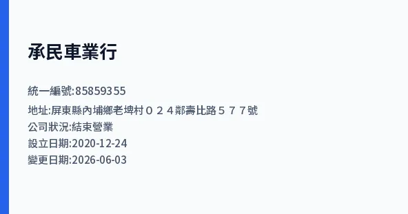 承民車業行的照片-統編 85859355(屏東縣) 公司登記資料與營業項目詳細圖表