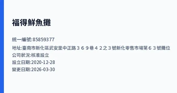 福得鮮魚攤的照片-統編 85859377(臺南市) 公司登記資料與營業項目詳細圖表