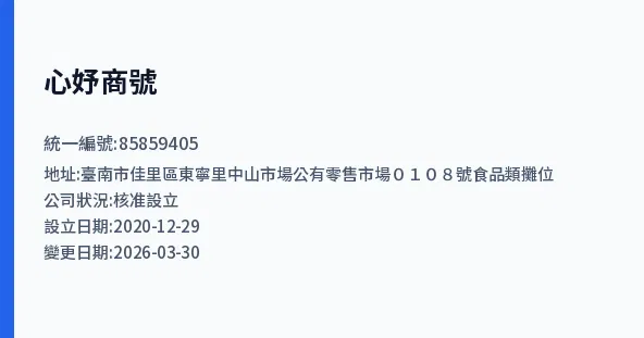 心妤商號的照片-統編 85859405(臺南市) 公司登記資料與營業項目詳細圖表