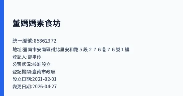 董媽媽素食坊的照片-統編 85862372(臺南市) 公司登記資料與營業項目詳細圖表