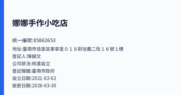 娜娜手作小吃店的照片-統編 85862653(臺南市) 公司登記資料與營業項目詳細圖表