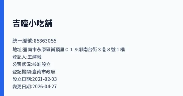 吉臨小吃舖的照片-統編 85863055(臺南市) 公司登記資料與營業項目詳細圖表