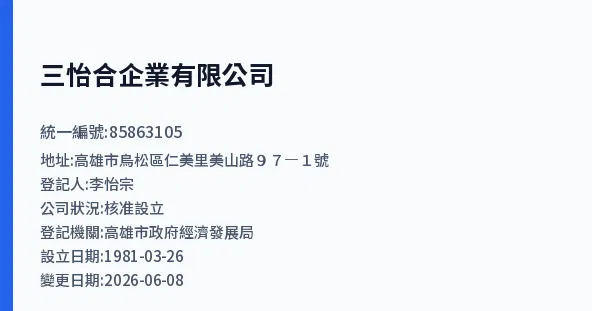 三怡合企業有限公司的照片-統編 85863105(高雄市) 公司登記資料與營業項目詳細圖表