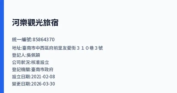 河樂觀光旅宿的照片-統編 85864370(臺南市) 公司登記資料與營業項目詳細圖表