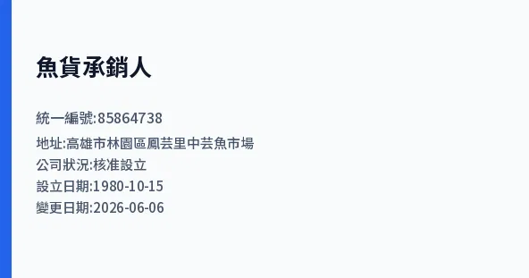 魚貨承銷人的照片-統編 85864738(高雄市) 公司登記資料與營業項目詳細圖表