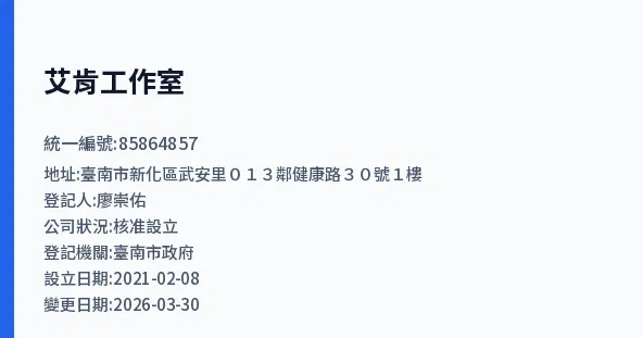 艾肯工作室的照片-統編 85864857(臺南市) 公司登記資料與營業項目詳細圖表