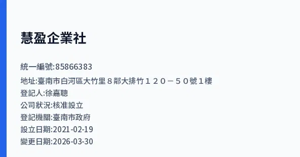 慧盈企業社的照片-統編 85866383(臺南市) 公司登記資料與營業項目詳細圖表