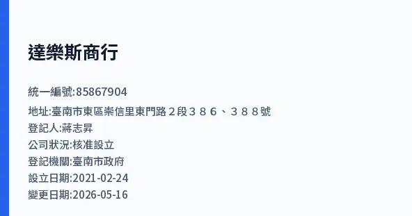 達樂斯商行的照片-統編 85867904(臺南市) 公司登記資料與營業項目詳細圖表