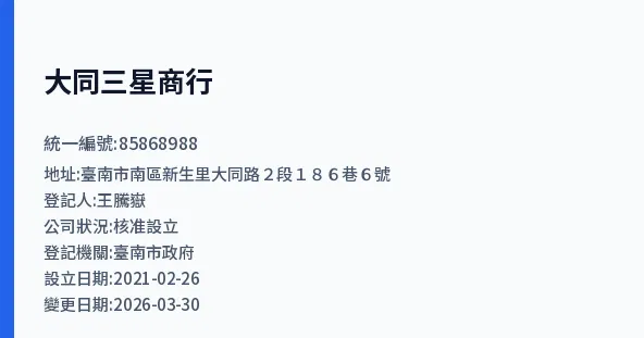 大同三星商行的照片-統編 85868988(臺南市) 公司登記資料與營業項目詳細圖表