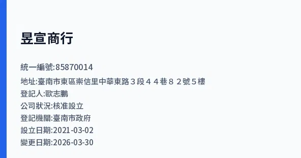 昱宣商行的照片-統編 85870014(臺南市) 公司登記資料與營業項目詳細圖表