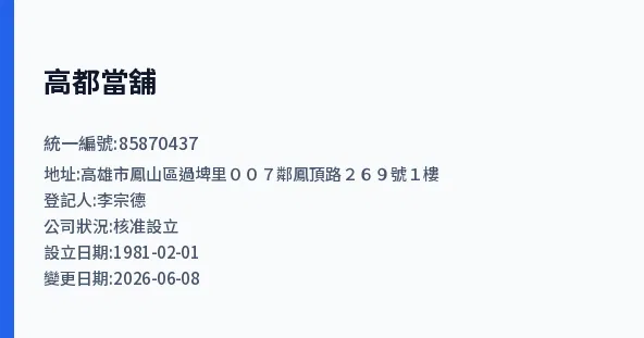 高都當舖的照片-統編 85870437(高雄市) 公司登記資料與營業項目詳細圖表