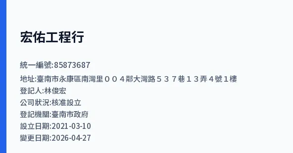 宏佑工程行的照片-統編 85873687(臺南市) 公司登記資料與營業項目詳細圖表