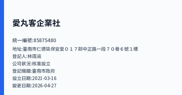 愛丸客企業社的照片-統編 85875480(臺南市) 公司登記資料與營業項目詳細圖表