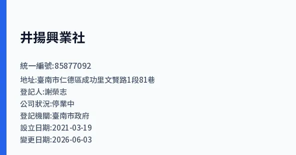 井揚興業社的照片-統編 85877092(臺南市) 公司登記資料與營業項目詳細圖表